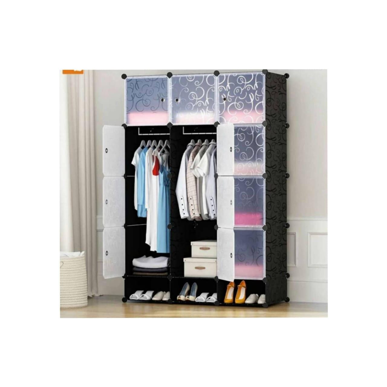 3-Column Plastic Wardrobe with Bottom Shoe Rack -Black - Fairprice Mall