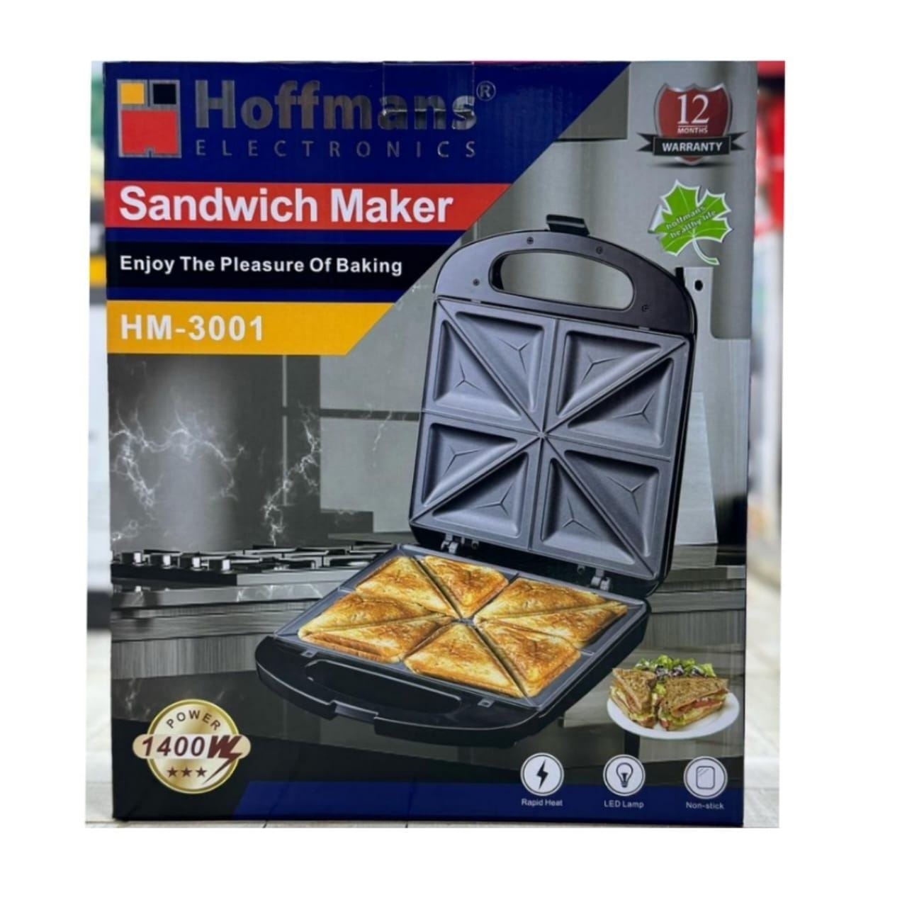 Hoffmans HM-3001 4-Slice Sandwich Maker – 1400W, Non-Stick Plates, LED ...