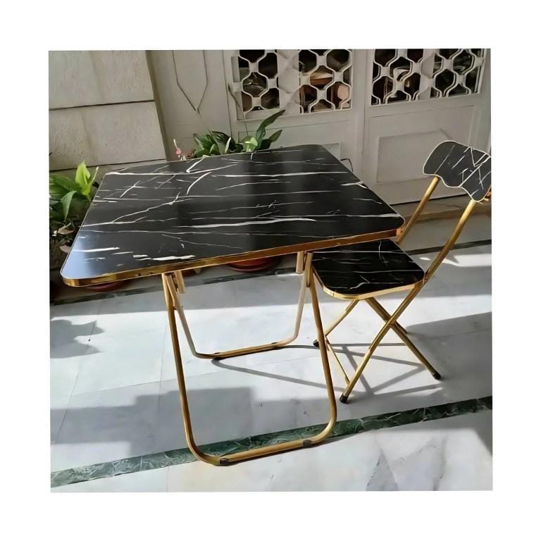 Foldable Marble-Look Reading Table and Chair Set – 1-Seater with Gold ...