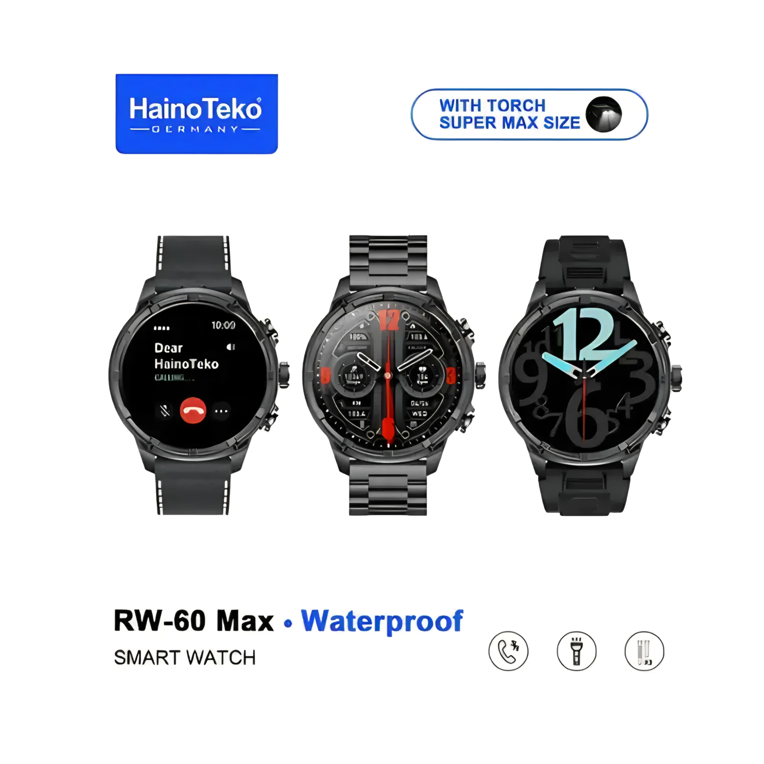 HainoTeko RW-60 Super Max Round Smart Watch With 3 Straps - Fairprice Mall